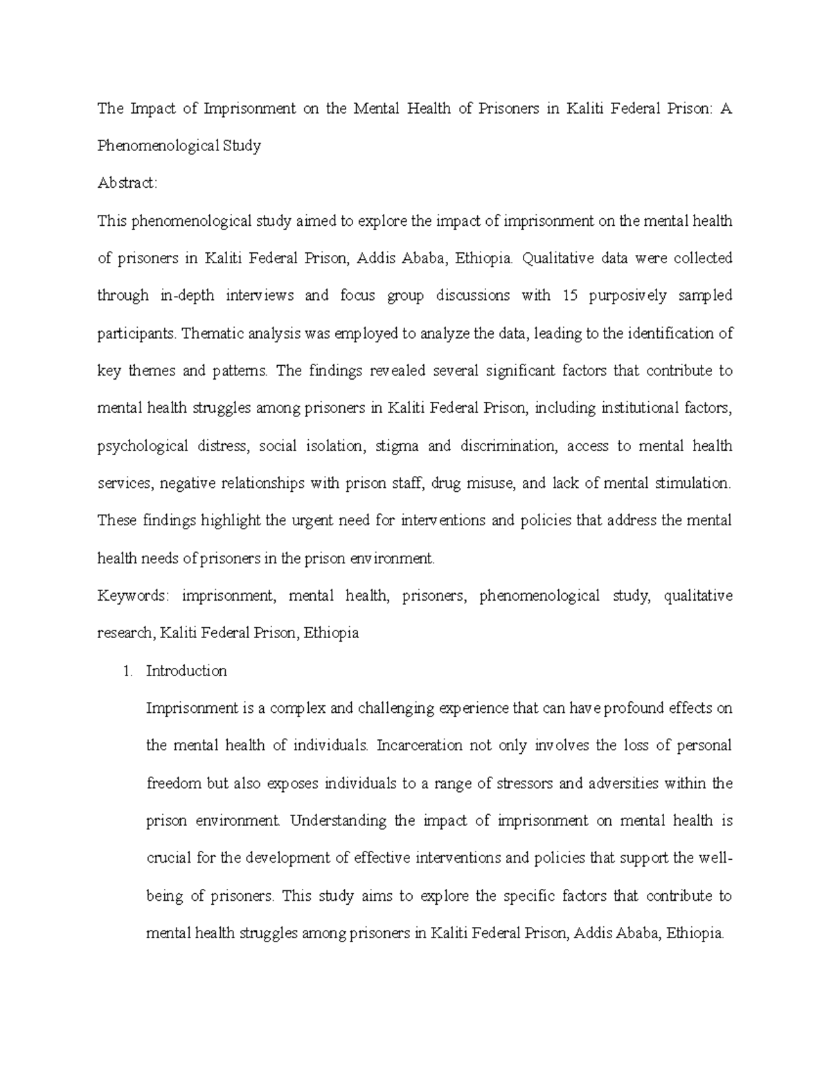 The Impact of Imprisonment on Mental Health: A Study at Kaliti Federal ...