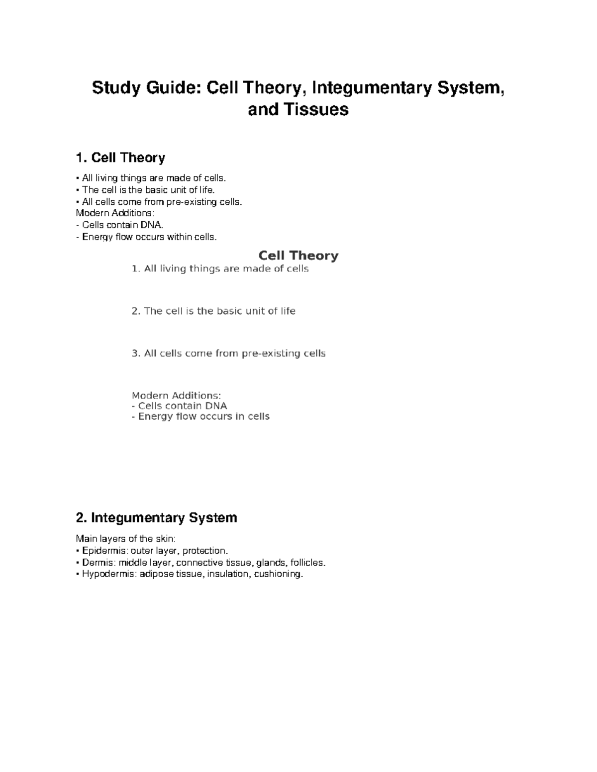 Study Guide: Cell Theory, Integumentary System & Tissue Organization ...