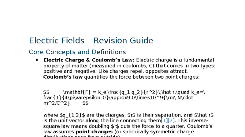 Electric Fields Revision Guide: Core Concepts & Key Formulas - Studocu