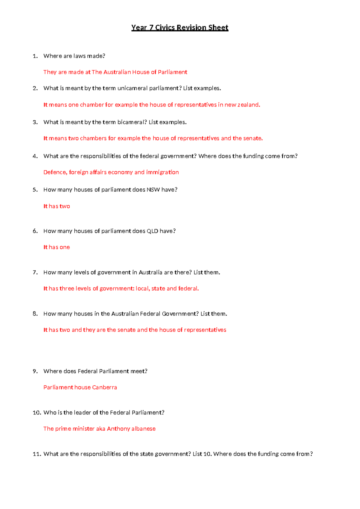 Yr 7 Civics Final Exam Revision: Understanding Australian Parliament ...