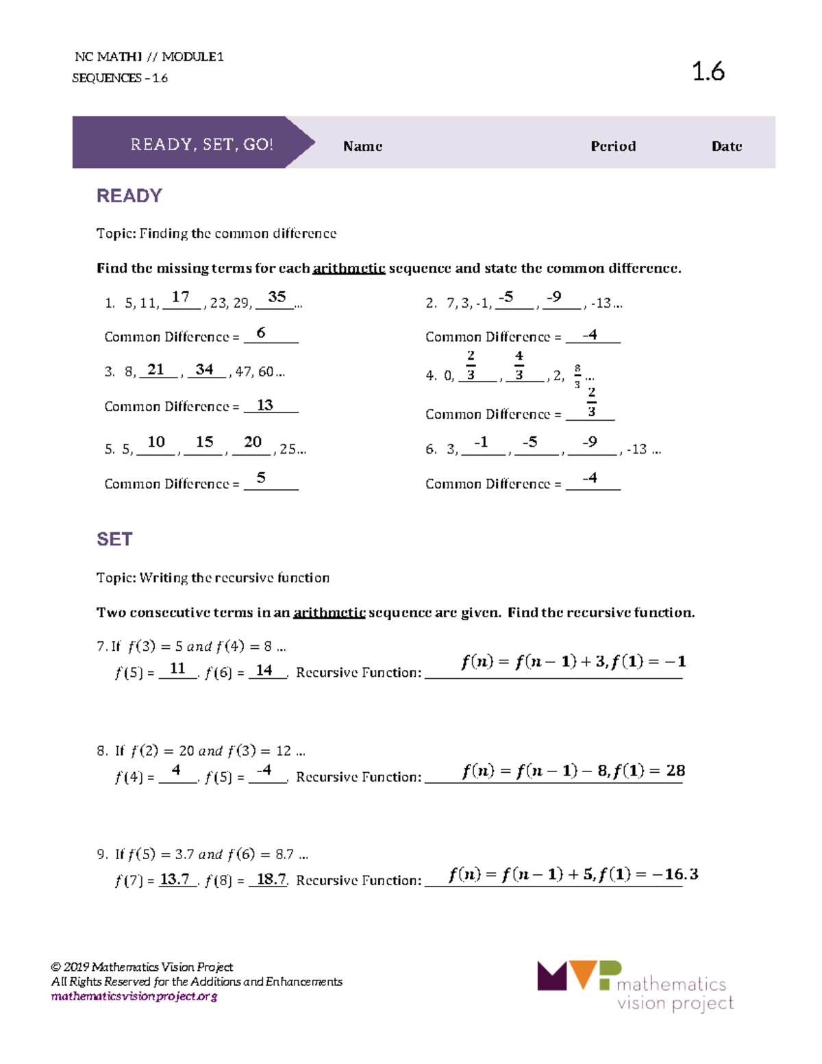 Module 1 Lesson 6 Ready Set Go Answer Key - NC MATH I // MODULE 1 ...
