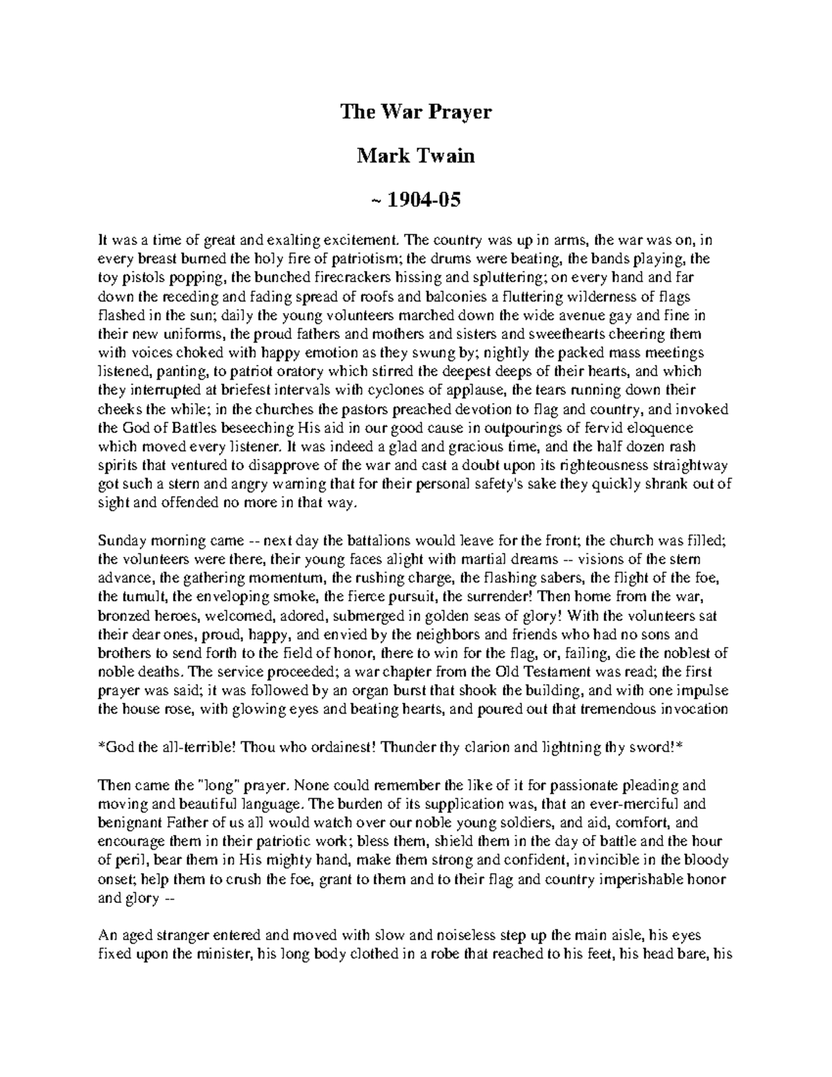 War Prayer, Mark Twain - The War Prayer Mark Twain ~ 1904- It was a ...