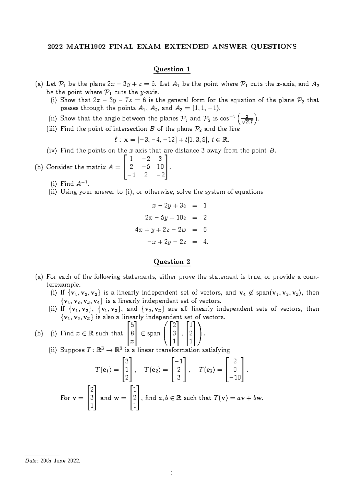 2022 MATH1902 FINAL EXAM EXTENDED ANSWER QUESTIONS - Studocu
