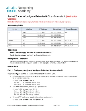 5.4.13 Packet Tracer - Configuring Extended IPv4 ACL - Scenario 2 - Studocu