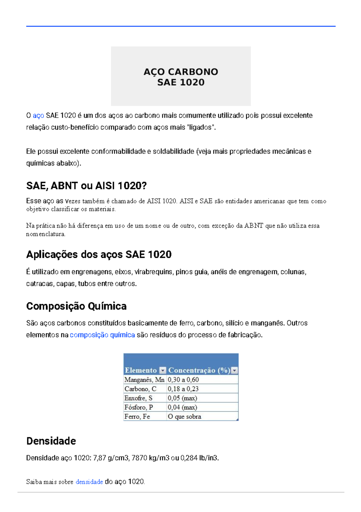 SAE 1020 - Propriedades Mecânicas e Aplicações do Aço Carbono - Studocu