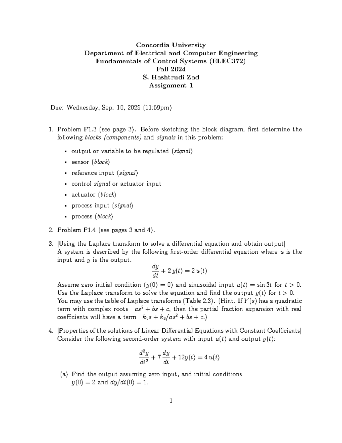 ELEC372 - Control Systems Assignment 1 Problems Overview - Studocu