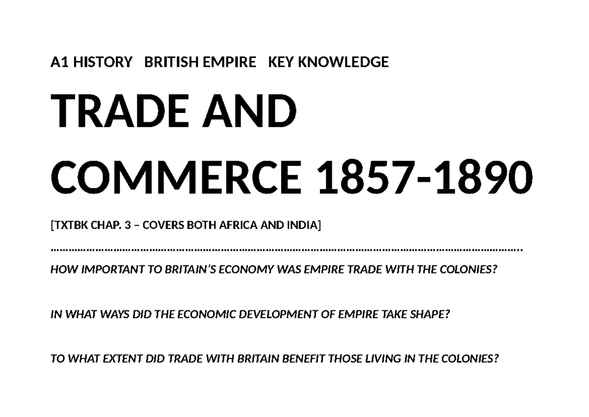 A1 HISTORY BRITISH EMPIRE TRADE & COMMERCE KEY KNOWLEDGE CHAP. 3 - Studocu
