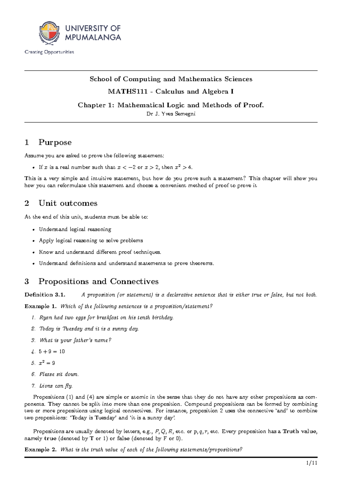 Calculus and Algebra I: Chapter 1 - Mathematical Logic & Proof Methods ...