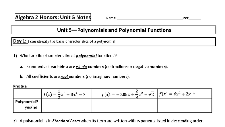 Algebra 2 Honors: Unit 5 Polynomial Functions Notes - Studocu