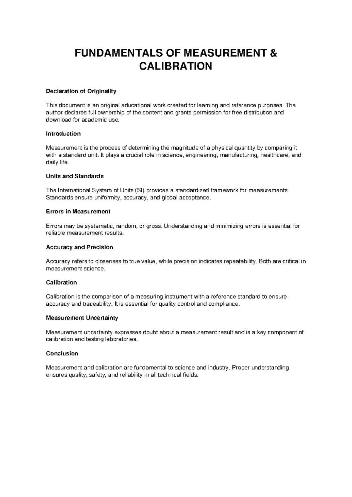 FUNDAMENTALS OF MEASUREMENT CALIBRATION: Instrument Calibration Guide ...