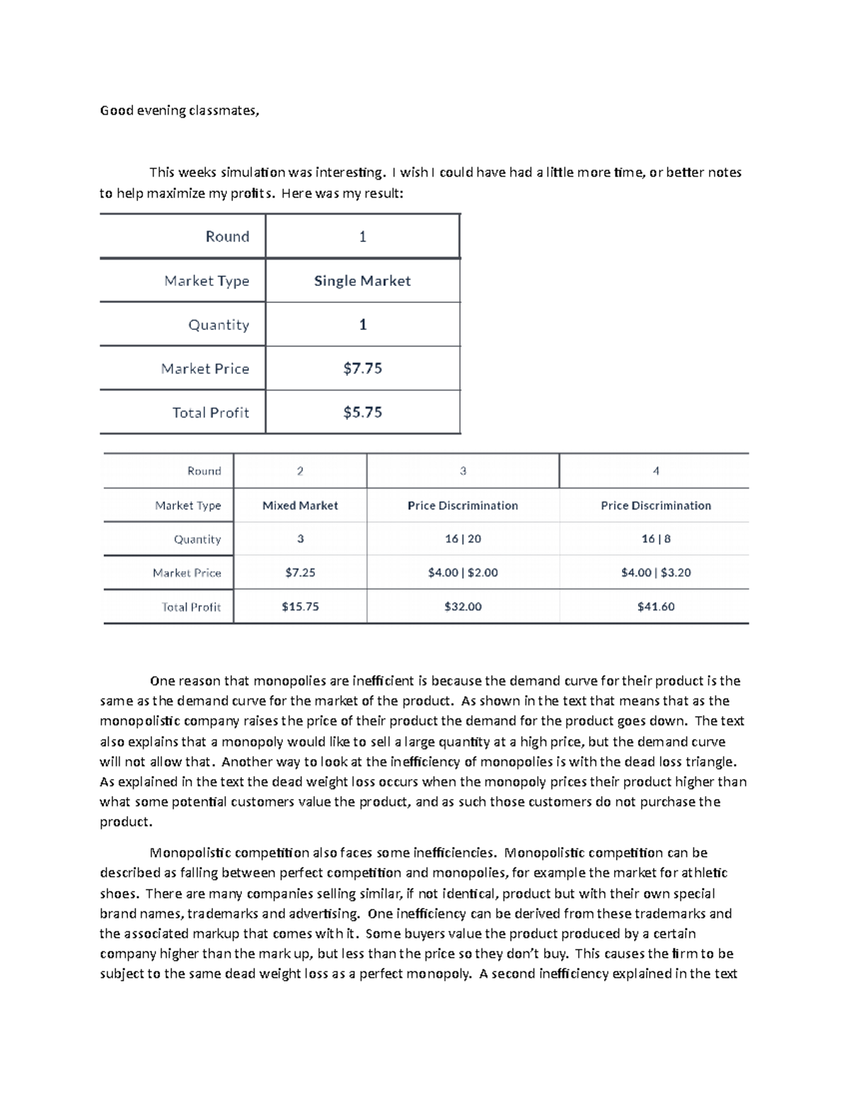 6-2 Discussion - Good evening classmates, This weeks simulation was ...