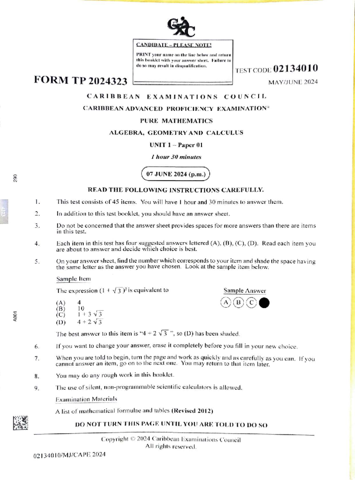 Pure Mathematics CAPE 2024 Unit 1 Paper 01 Exam Instructions - Studocu