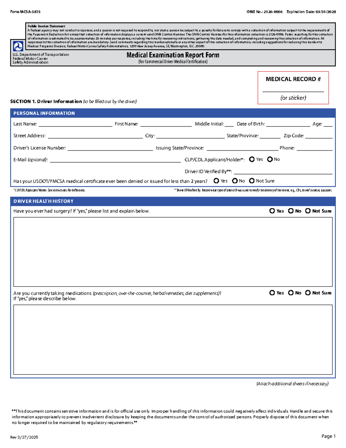 Medical Examination Report Form MCSA-5875 for CMV Drivers - Studocu