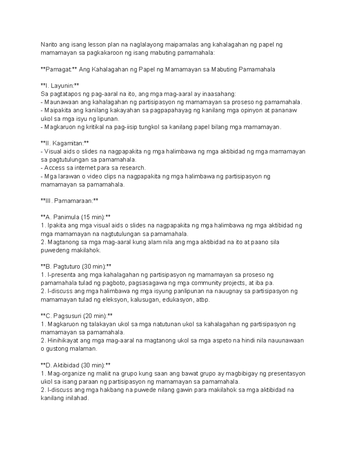 Kahalagahan ng Papel ng Mamamayan sa Mabuting Pamamahala: Lesson Plan ...