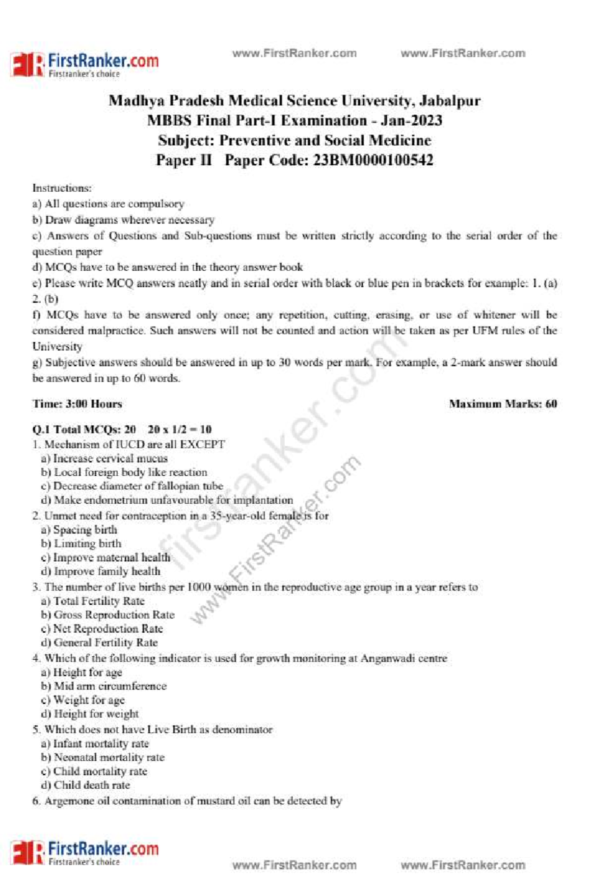 MBBS Final Exam: Preventive & Social Medicine Paper II (Psm P2 Jan 2023 ...