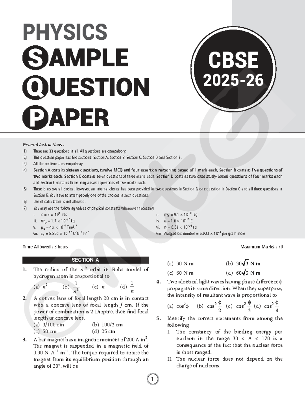 CBSE Sample Question Paper for Physics 2025-26 - Studocu
