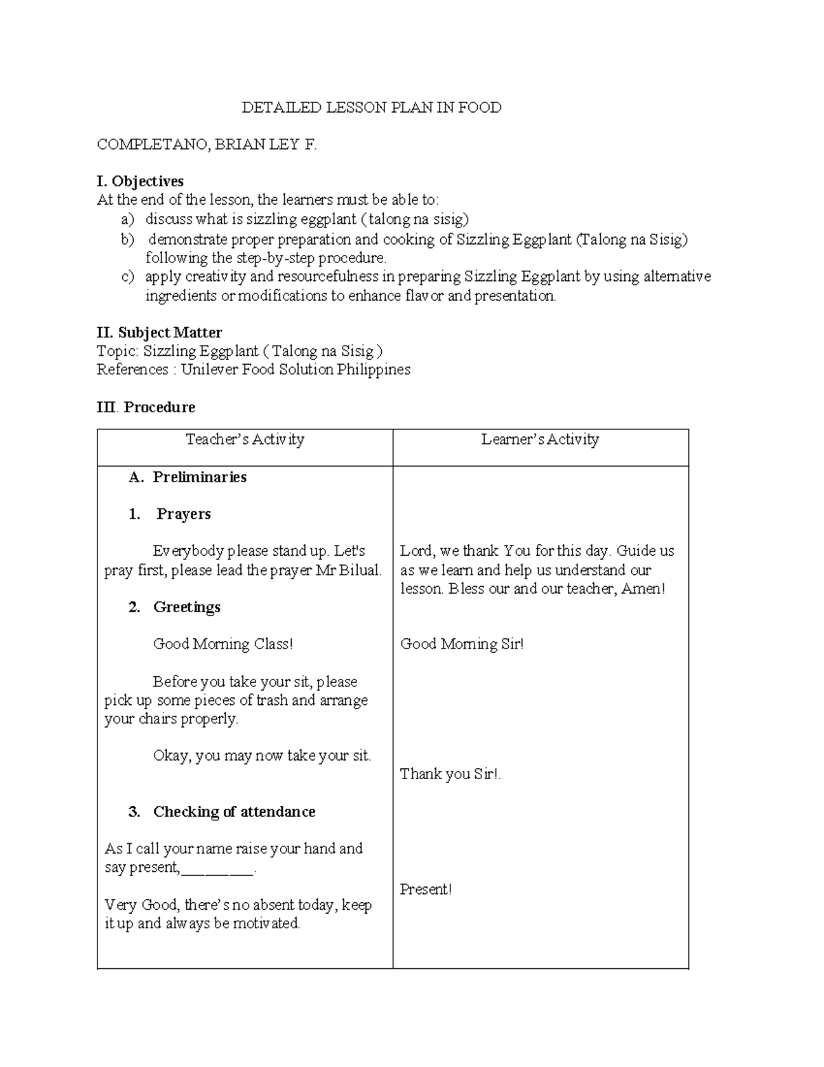Detailed Lesson Plan: Sizzling Eggplant (Talong na Sisig) - Studocu