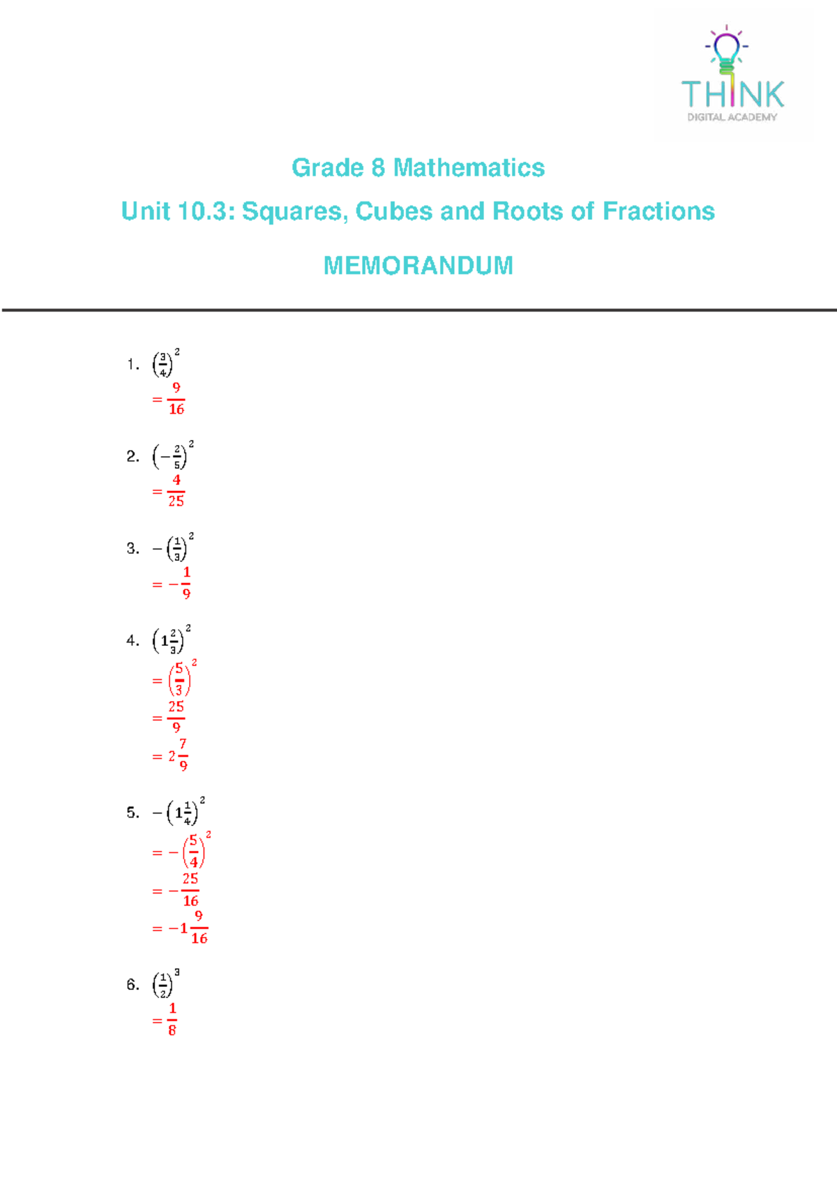 Grade 8 Math Unit 10.3: Squares, Cubes & Roots of Fractions Memo - Studocu