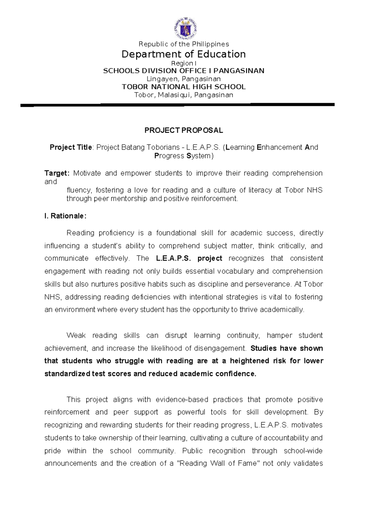 Project Proposal: L.E.A.P.S. for Reading Proficiency at Tobor NHS - Studocu