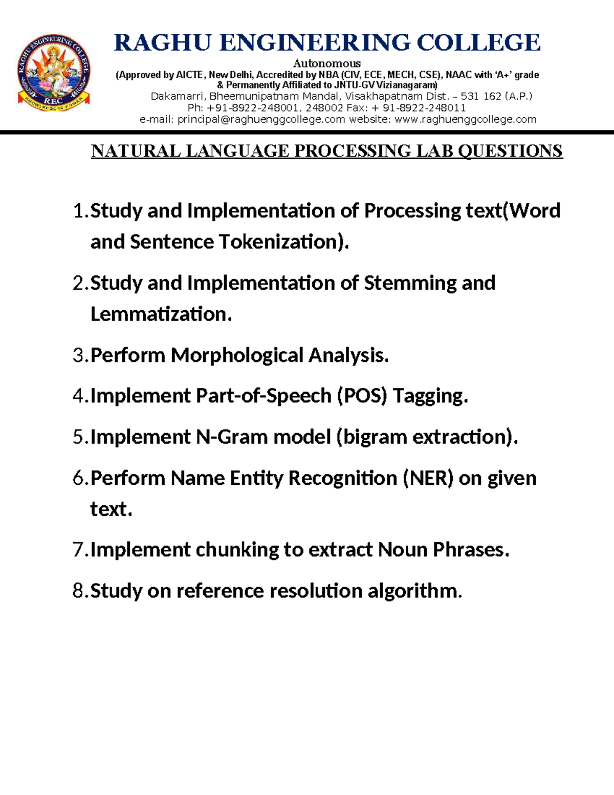 NLP LAB Questoins - computer science - RAGHU ENGINEERING COLLEGE ...