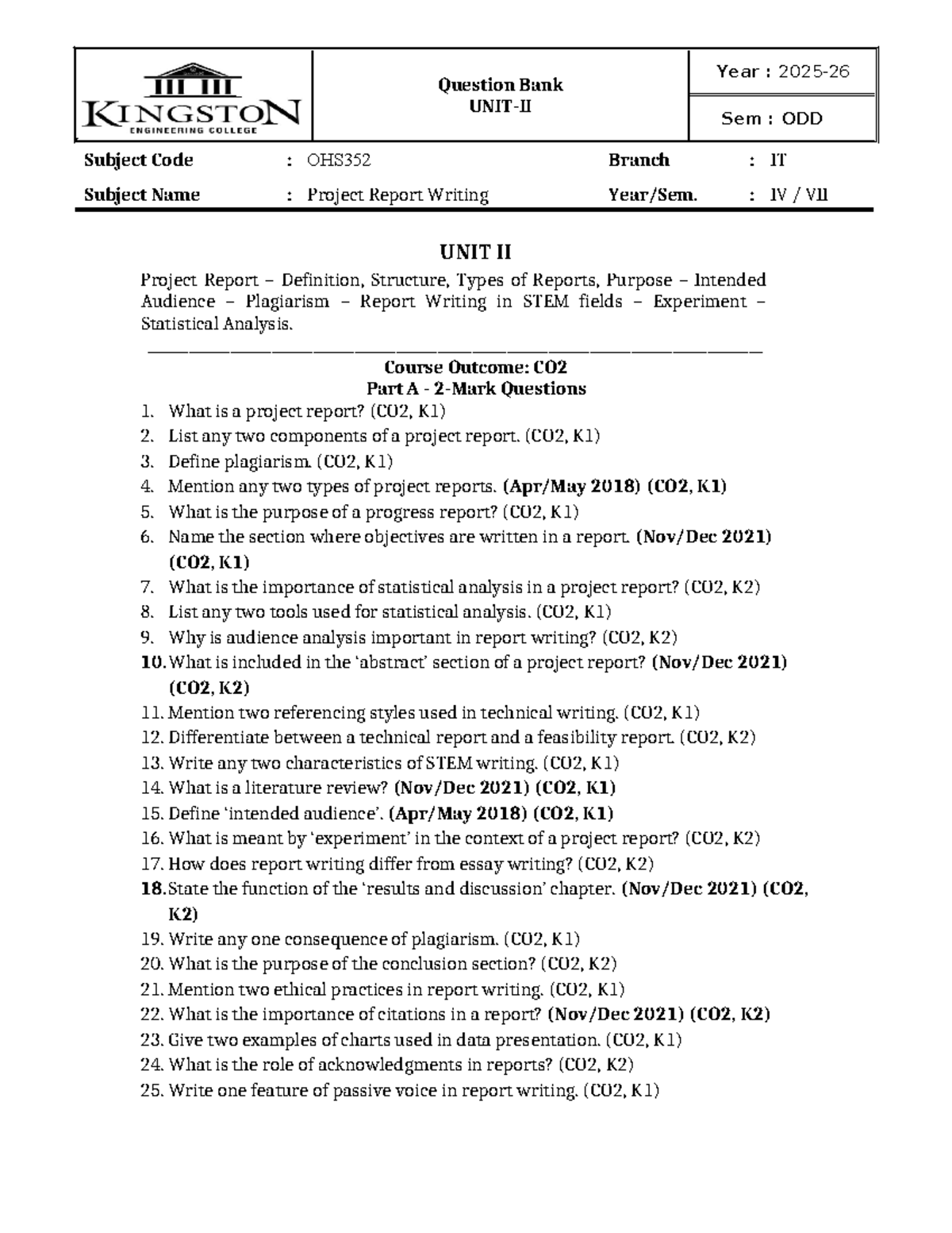 OHS352 Project Report Writing: UNIT II Question Bank - Studocu