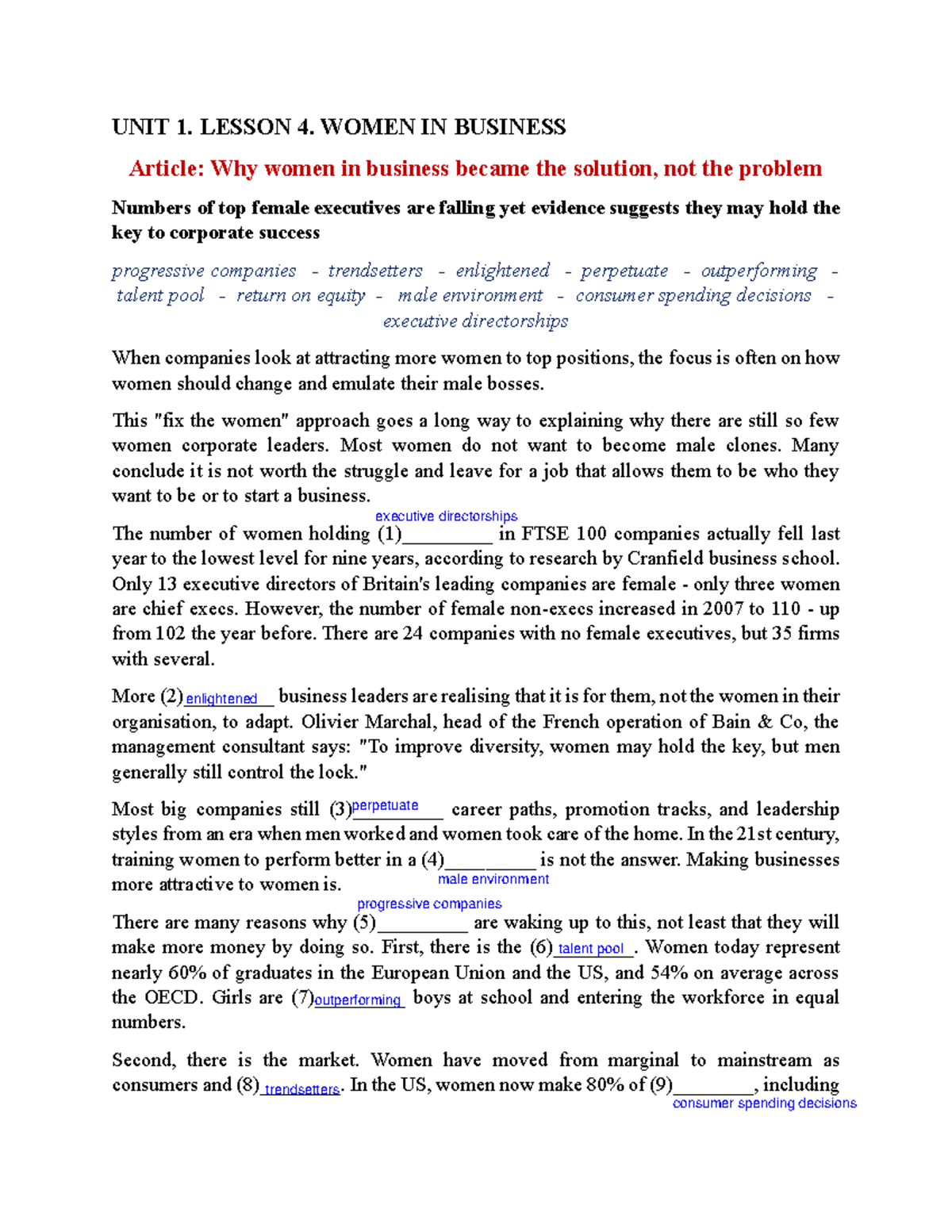 UNIT 1. Lesson 4 - UNIT 1. LESSON 4. WOMEN IN BUSINESS Article: Why ...