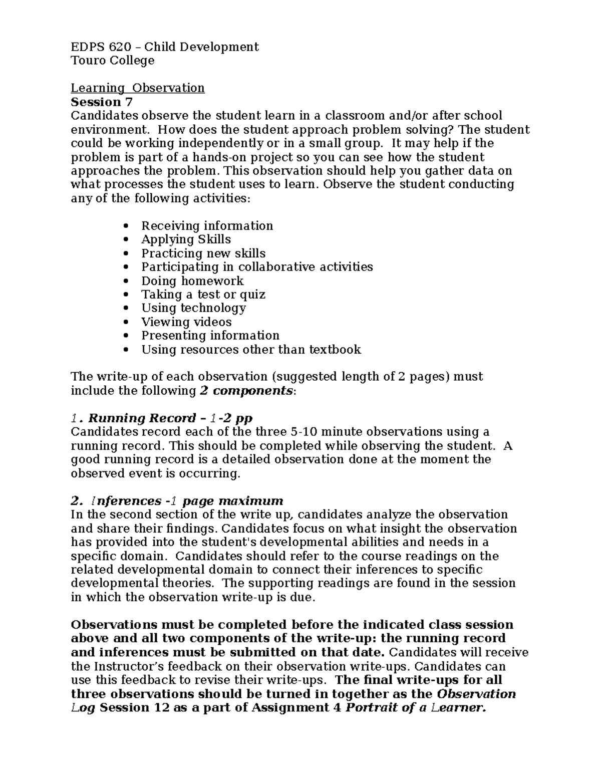 EDPS 620 – Learning Observation Sheet: Session 7 Insights - Studocu