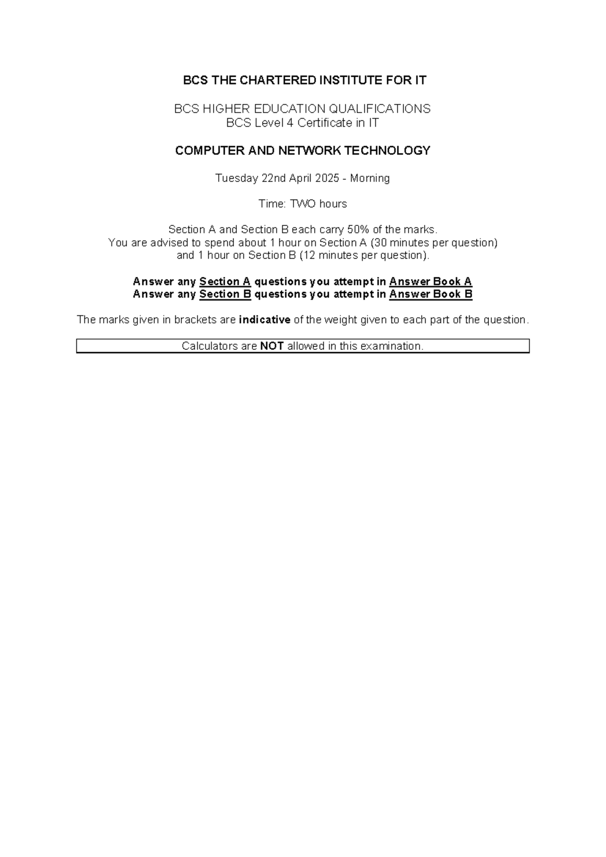 BCS Level 4 Cert in IT: Computer & Network Tech Past Paper - Apr 2025 - Studocu