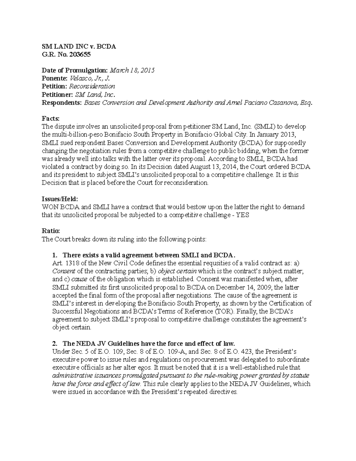 SM Land Inc. v. BCDA Case Digest - Reconsideration Ruling Analysis ...
