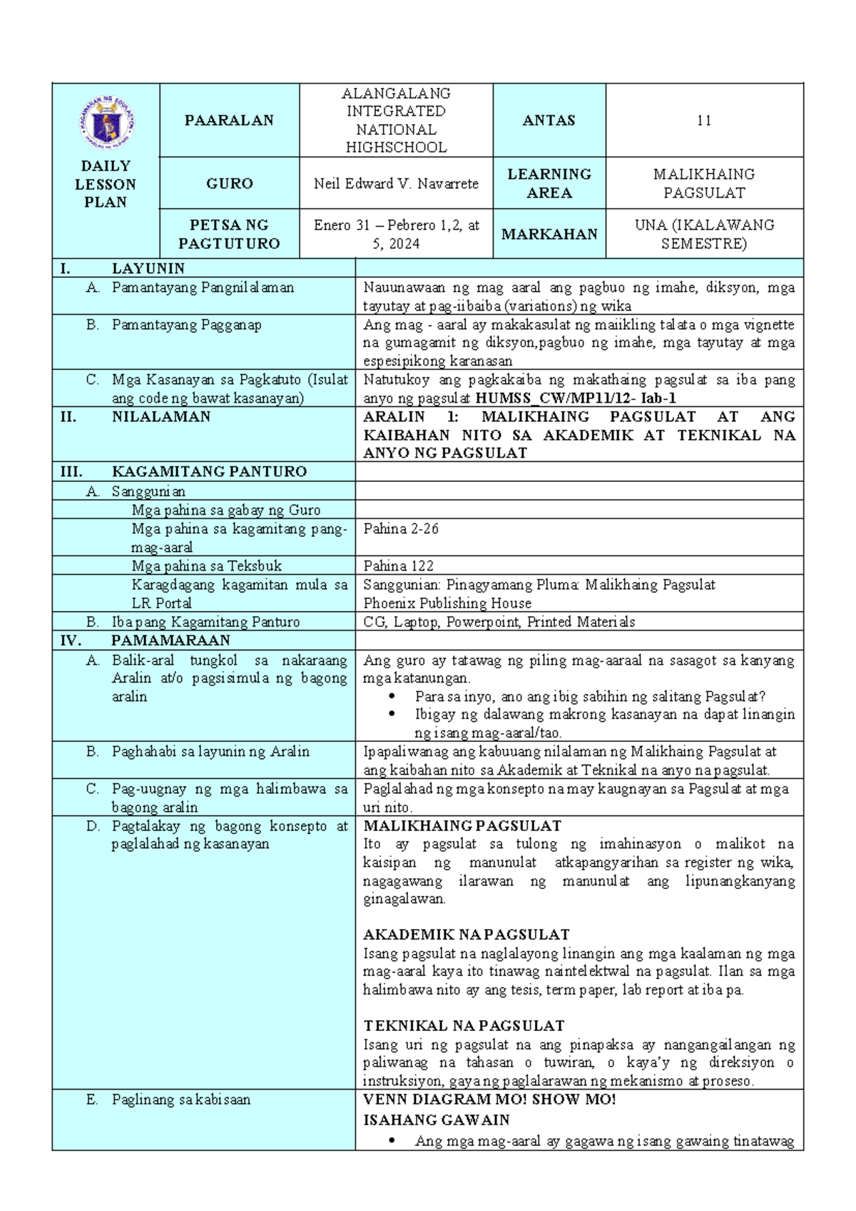 LEARNING PLAN: MALIKHAING PAGSULAT LESSON (HUMSS_CW/MP11/12) - Studocu