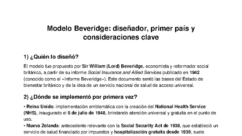 Modelo Beveridge: Diseño, Implementación y Claves del NHS - Studocu
