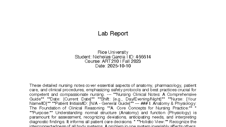 Lab Report ART210 - Comprehensive Nursing Clinical Notes Fall 2023 ...