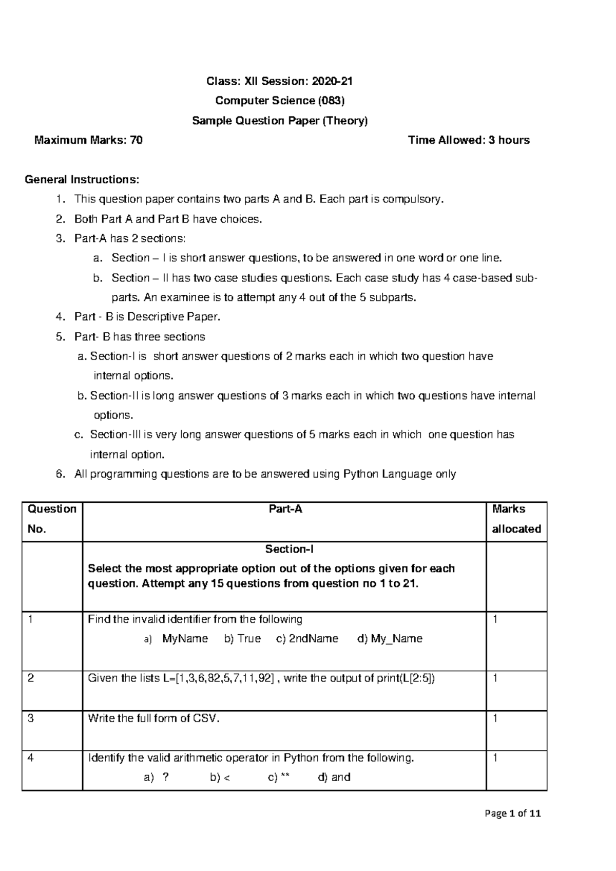Computer Science (083) Class XII Sample Question Paper - Theory - Studocu