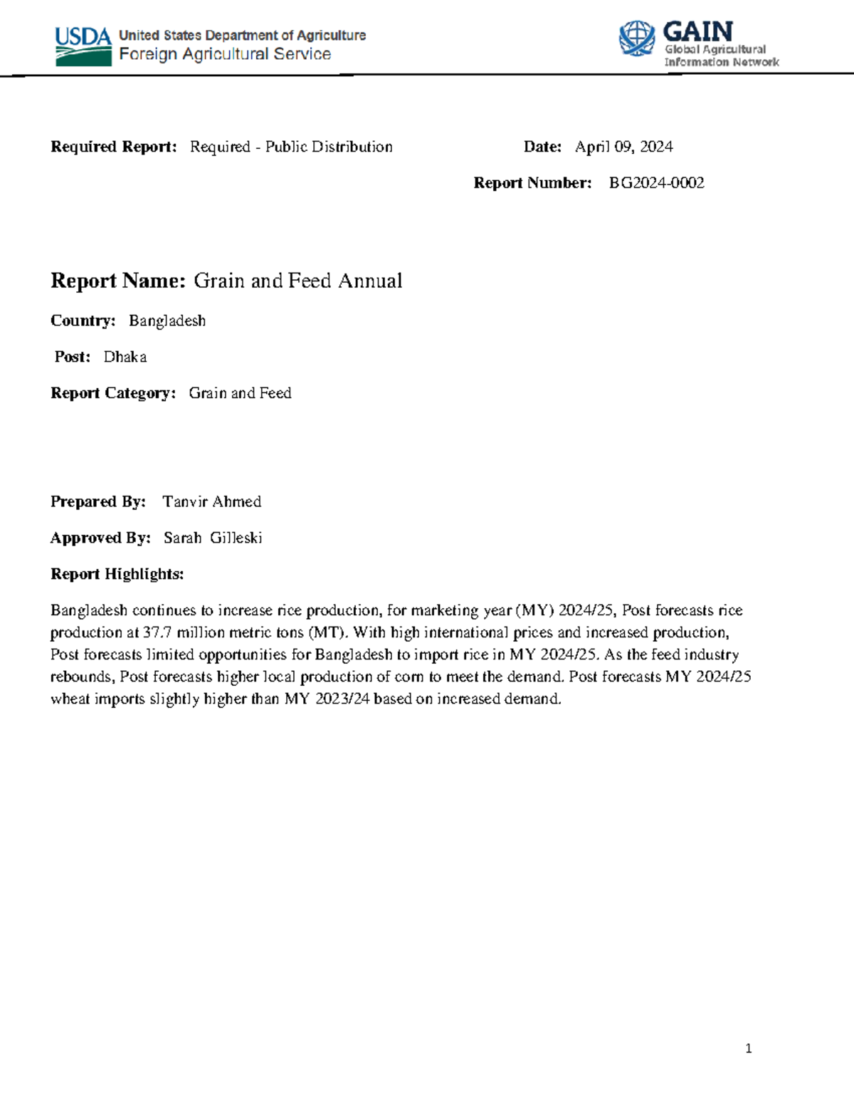 USDA Bangladesh Wheat Report 2024 - Required Report: Required - Public ...