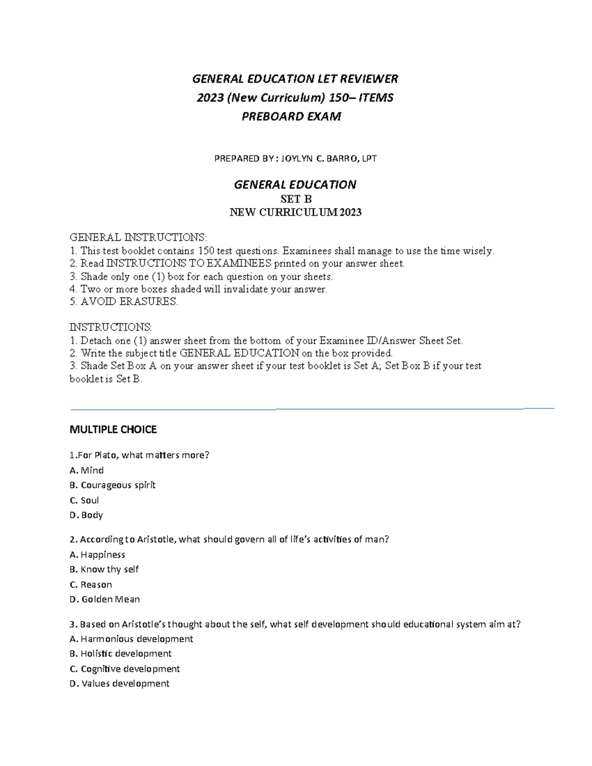 GENERAL EDUCATION LET REVIEWER 2023: PREBOARD EXAM SET B - Studocu