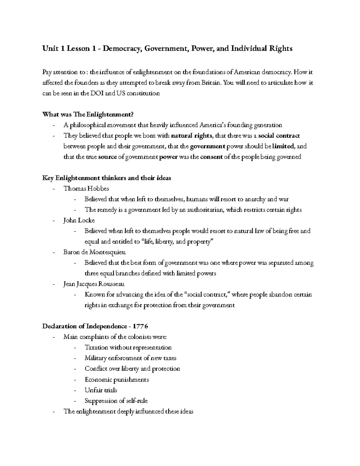 AP US Gov Notes: Unit 1 Lesson 1 - Enlightenment's Impact on Democracy ...