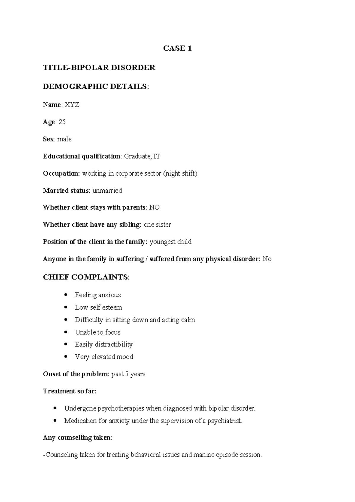 Case Study 1: Bipolar Disorder Assessment and Counseling Insights - Studocu