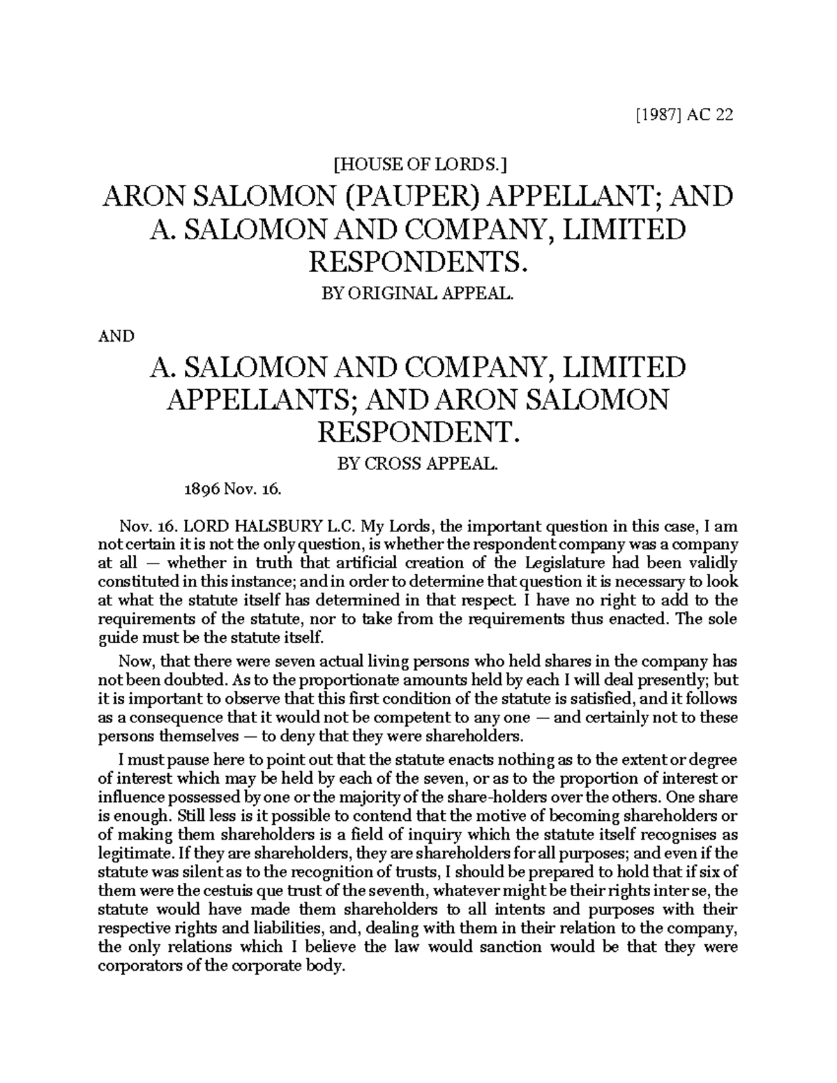 [judgment] Salomon v A Salomon Co Ltd [1897] AC 22 - [1987] AC 22 ...