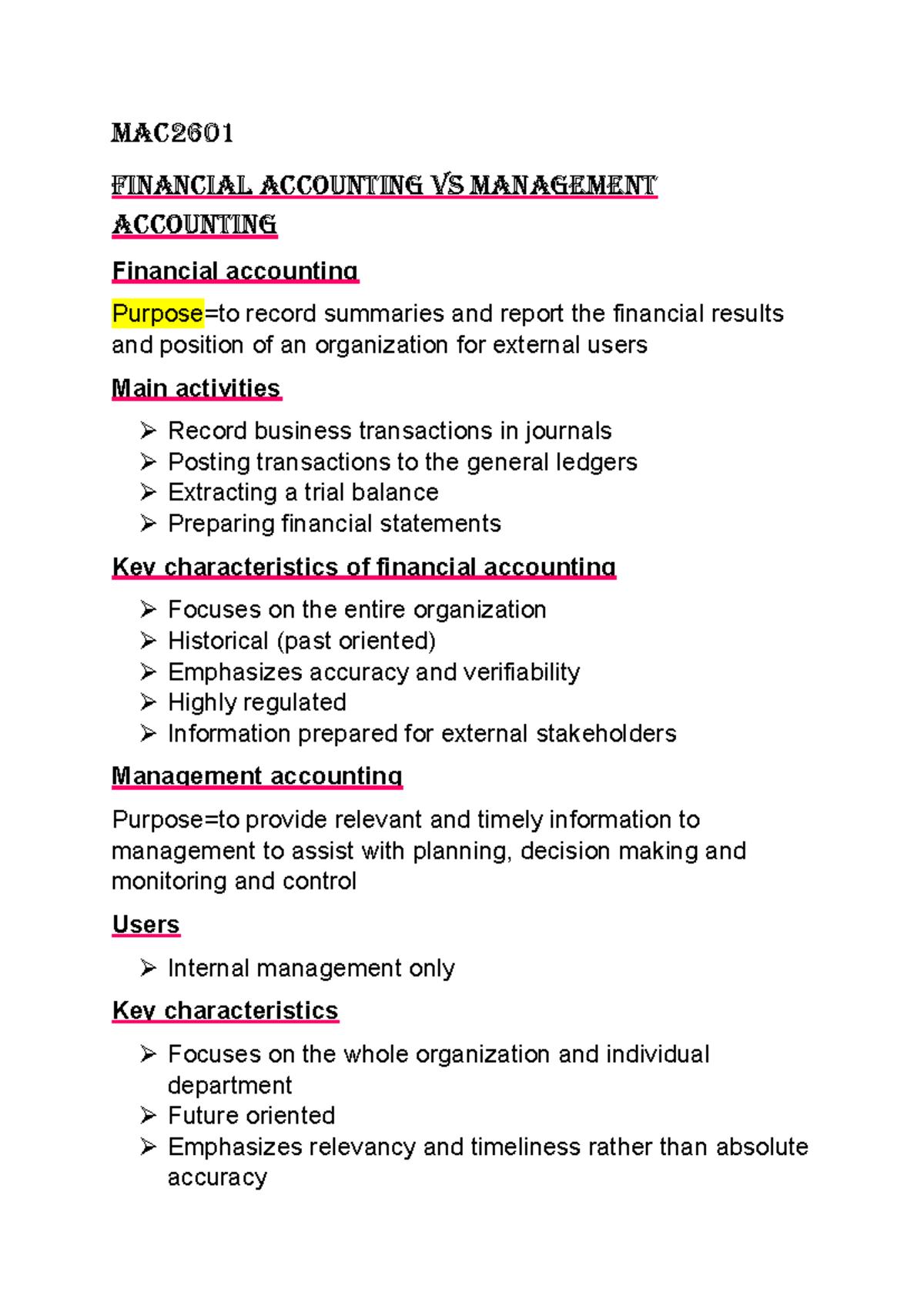 Mac2601 Financial vs Management Accounting: Key Concepts & Insights ...