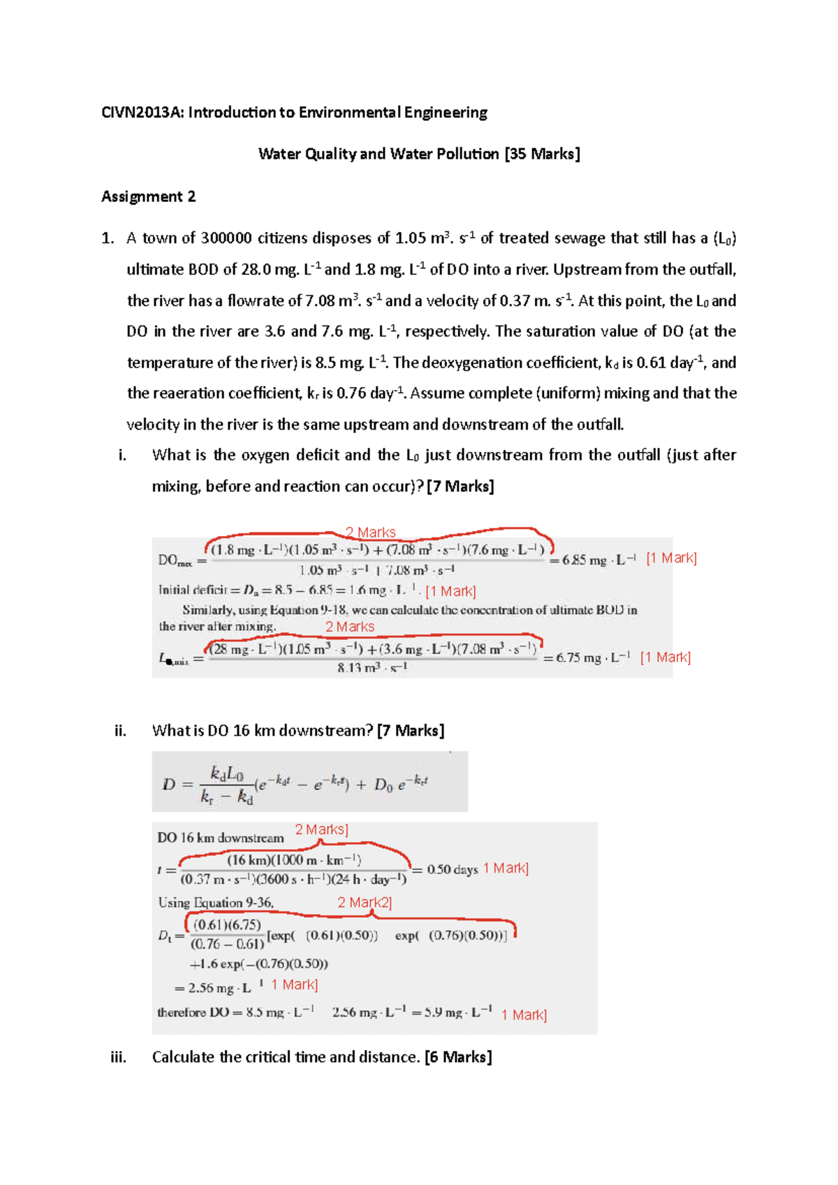 CIVN2013A: Water Quality & Pollution Assignment 2 Solutions - Studocu