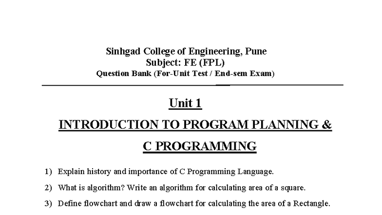 FPL Question Bank Unit 1: Key Concepts in C Programming - Studocu