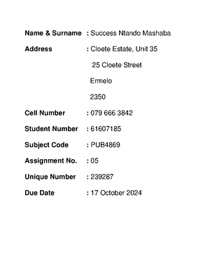 Assignment 5 - ASSIGNMENT NO: 5 PUB 4868 ESSAY-TYPE QUESTION ...