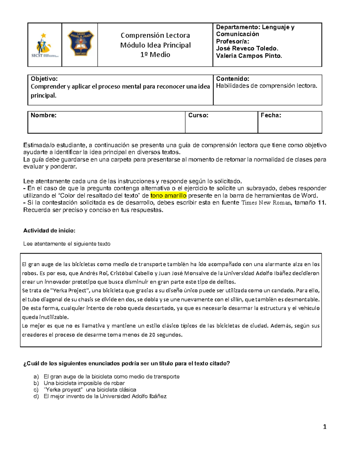 Comprensión Lectora: Guía para Identificar la Idea Principal 1º Medio ...