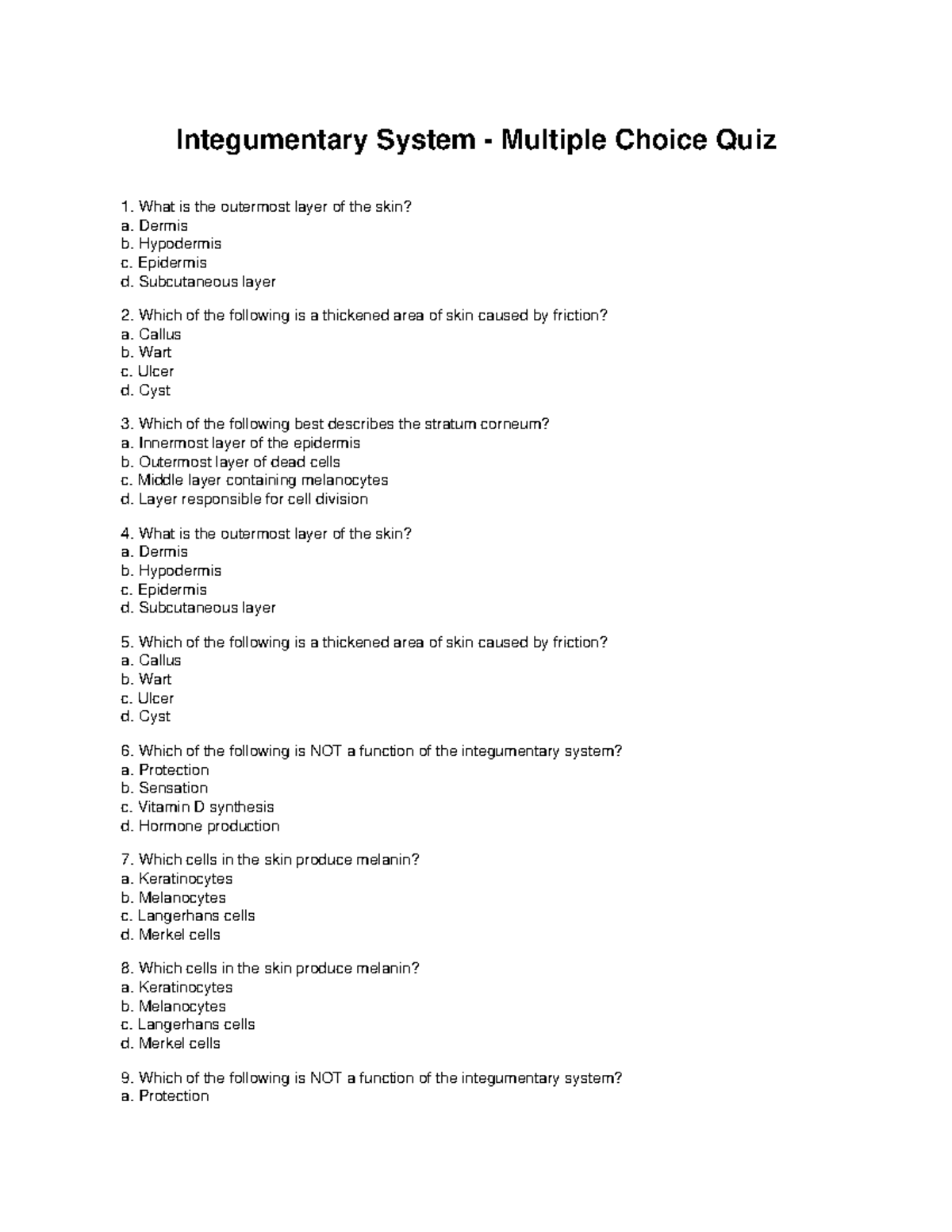 Integumentary System MCQ Quiz 1: Skin Layers & Functions - Studocu