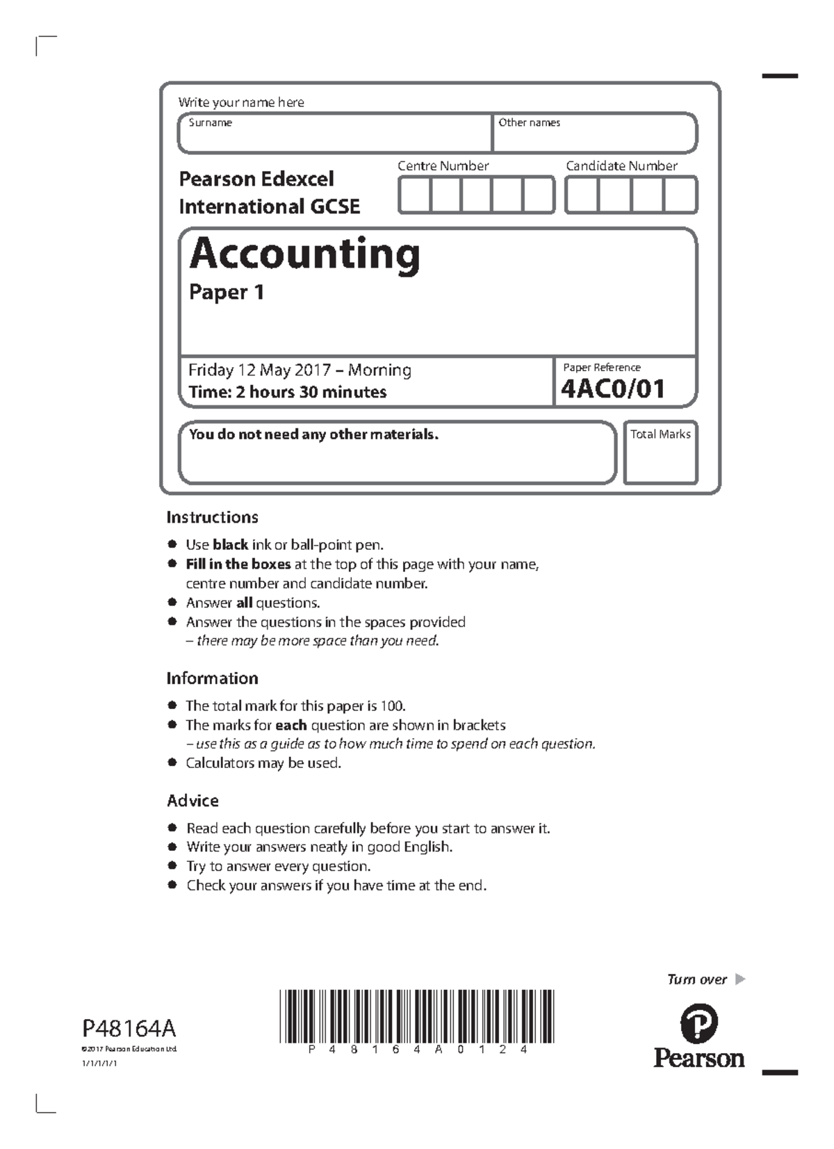 Accounting 1 - Exam Paper for International GCSE (P48164A) - Studocu