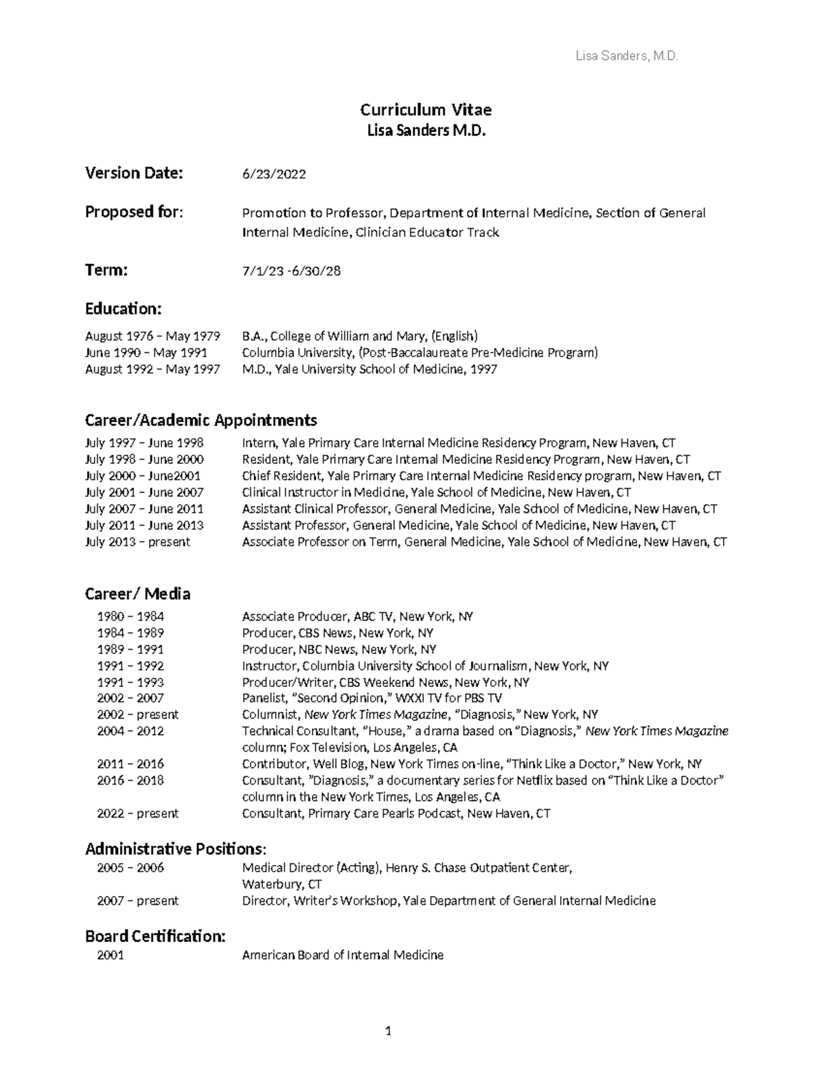 Yale CV Part 1: Lisa Sanders, M.D. - Promotion to Professor - Studocu