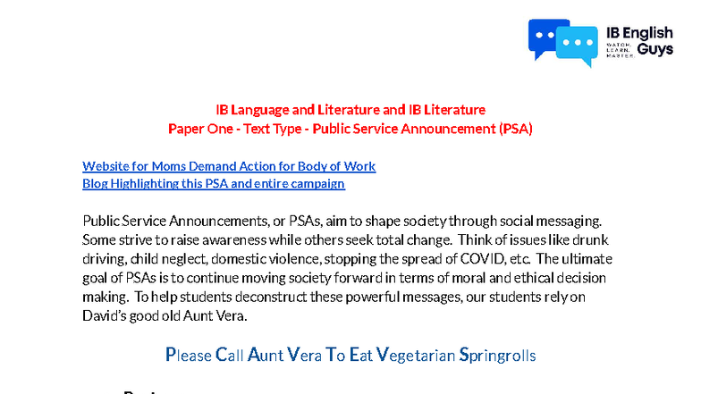 IB Language and Literature: Paper One PSA Analysis for Moms Demand ...