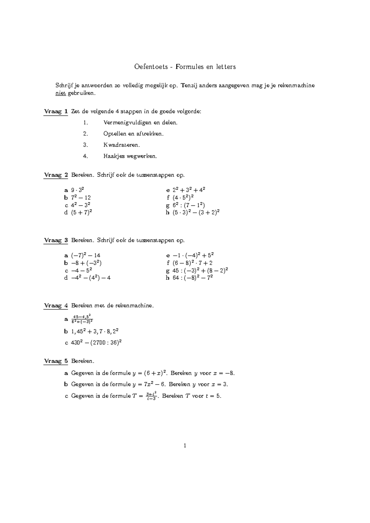 Oefentoets Formules en Letters - Wiskunde Onderzoek en Berekeningen ...