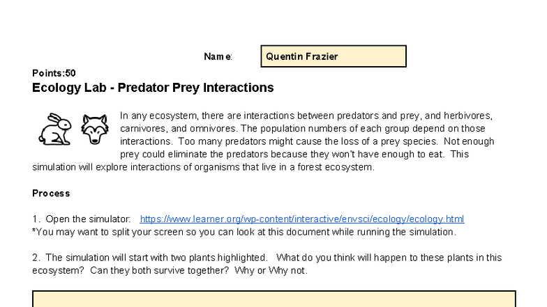 Ecology Lab (ECO 101) - Predator-Prey Interactions Simulation Guide ...