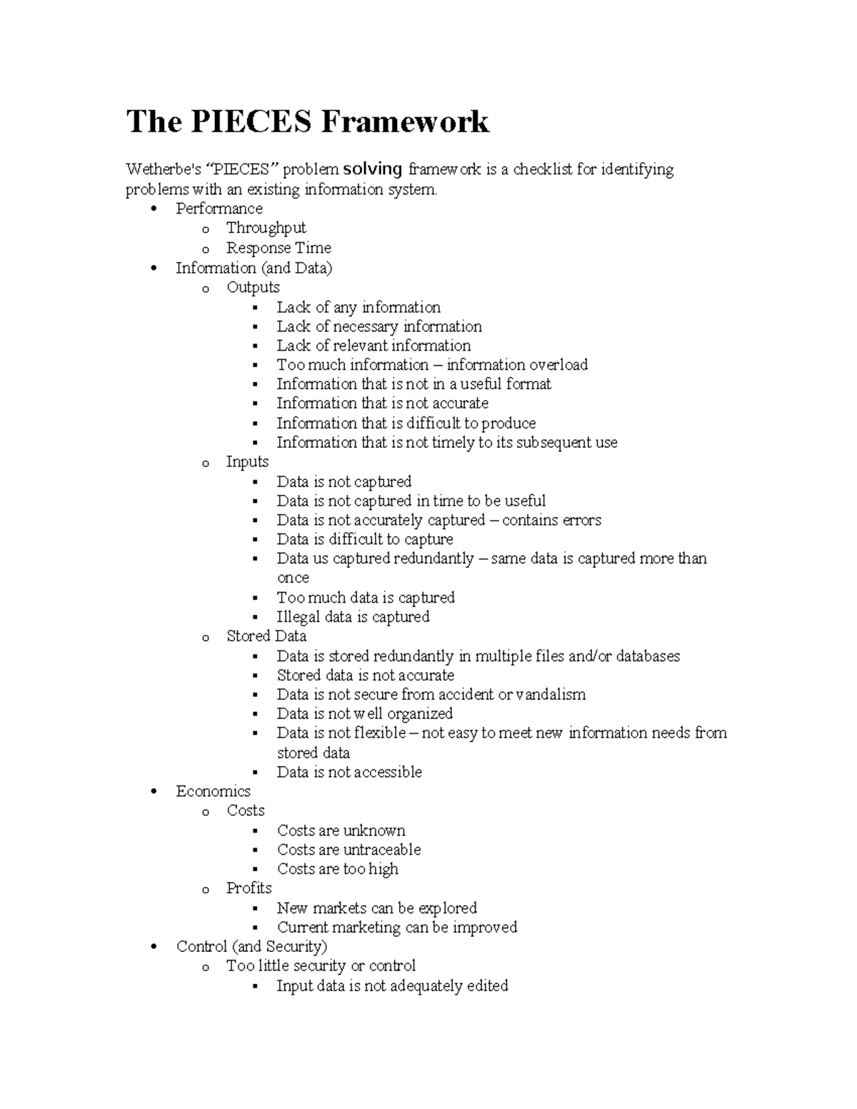 PIECES Framework Analysis for Information Systems Issues - Studocu